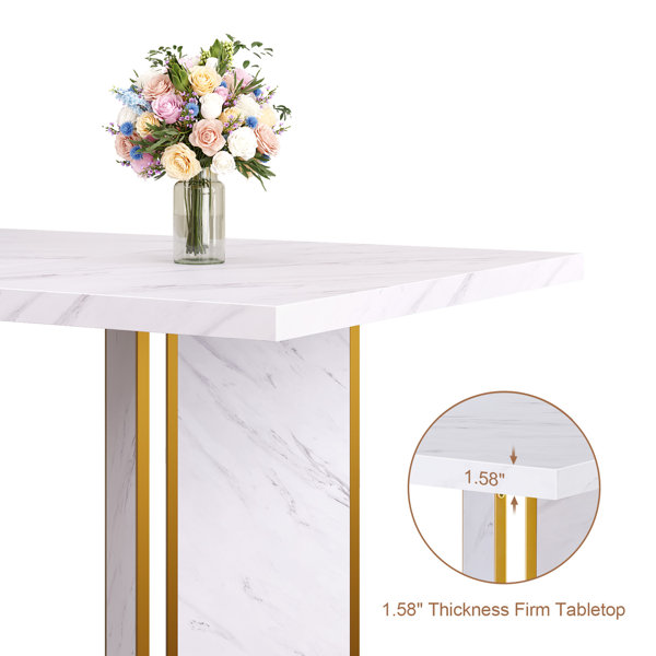 Mercer41 71 Inch Rectangular Dining Table With Gold Metal Frame White Marble Wooden Modern ...